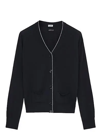 Loewe V-neck Wool Knit Cardigan With Striped Trim - Navy Blue/grey