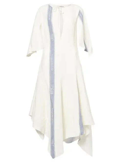 JW Anderson Draped-hem Branded-stripe Linen Midi Dress - Off White Blue