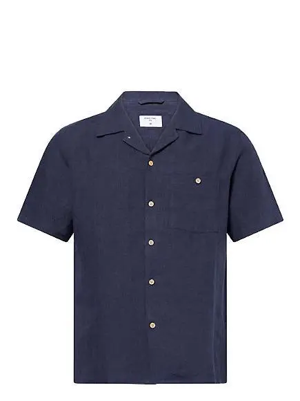 PERCIVAL Short-sleeve Cuban-collar Linen Shirt - Navy