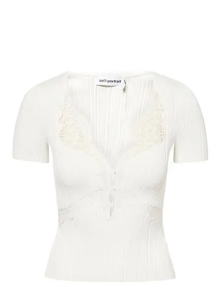 SELF-PORTRAIT Lace-trimmed Knit Top - White