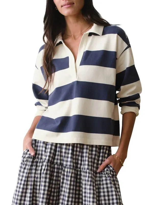 Marine Layer Luxe Stripe Sueded Cotton Polo - Navy Stripe