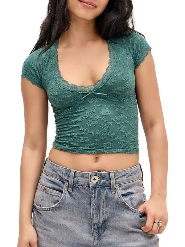 BDG URBAN OUTFITTERS Bella Lace Trim Crop T-shirt - Green
