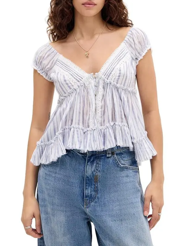 BDG URBAN OUTFITTERS Lace Trim Babydoll Top - Blue Stripe
