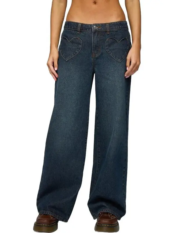 EDIKTED Heart Pocket Low Rise Wide Leg Jeans - Dark-blue