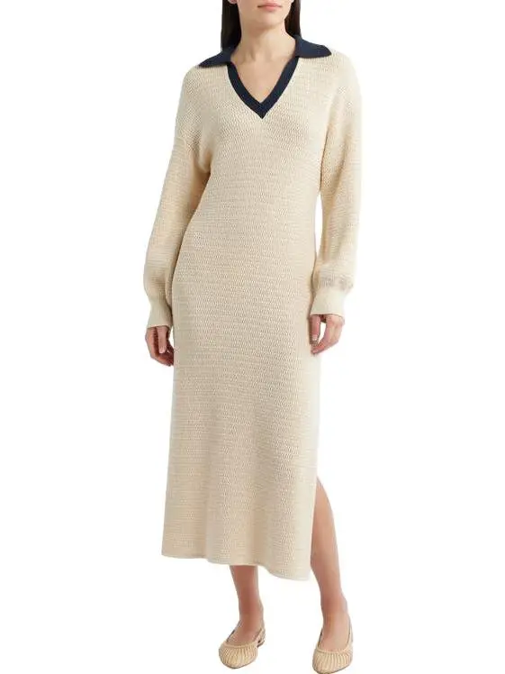 French Connection Mozart Contrast Collar Long Sleeve Midi Sweater Dress - 11-ecru-marine