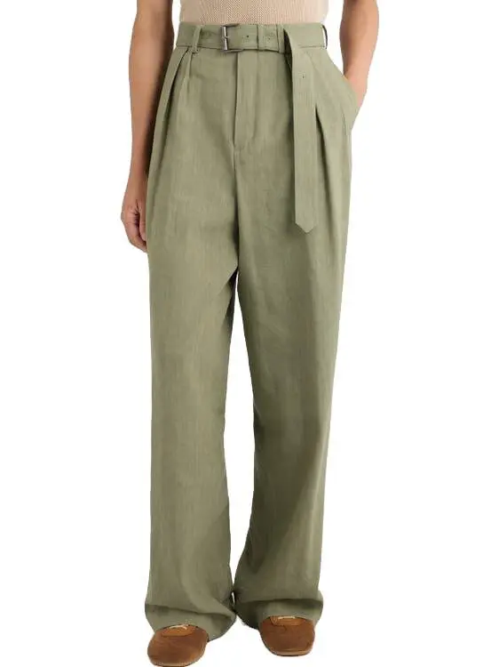 Dries Van Noten Preaches Belted Pleated Wide Leg Linen Blend Pants - Pistache