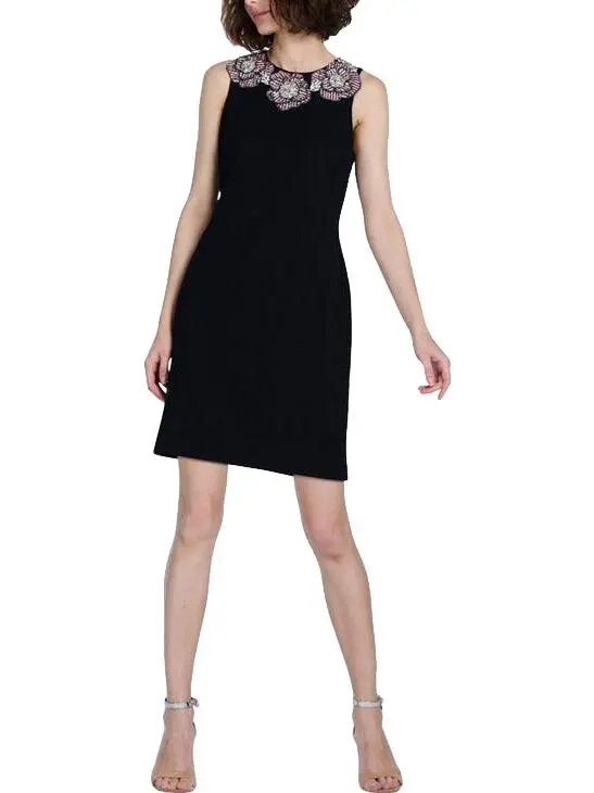 EMILY SHALANT Crystal Floral Cocktail Shift Dress - Black