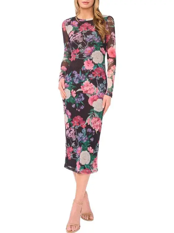 Ted Baker London Floral Long Sleeve Mesh Midi Dress - Rich Black