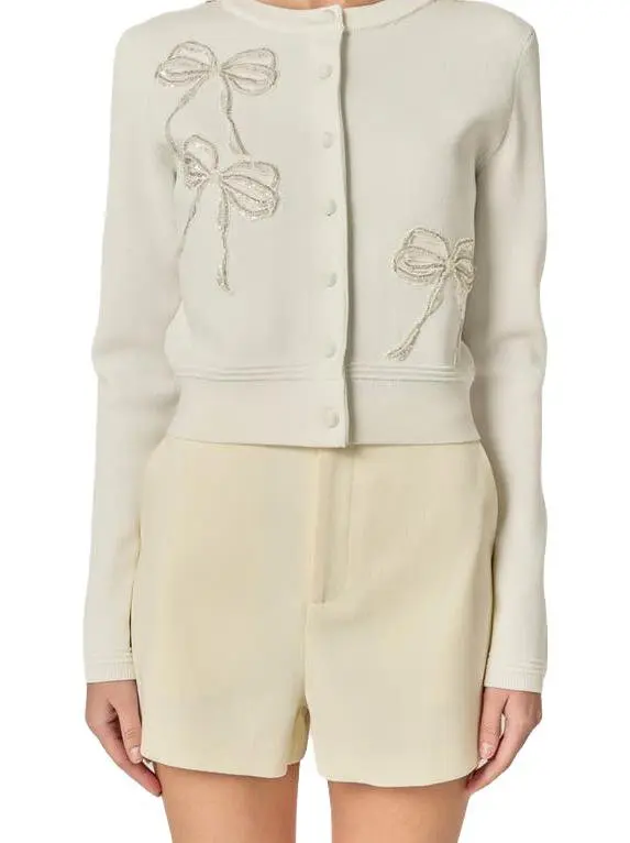 English Factory Embellished Bow Button-front Cardigan - Off White