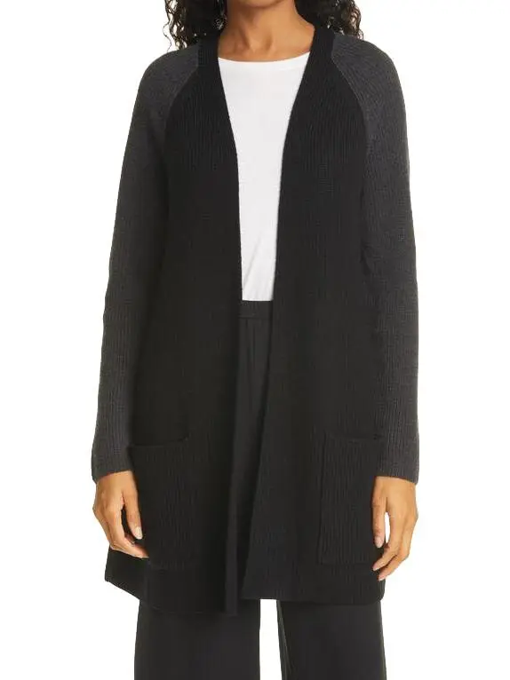 Eileen Fisher Colorblock Merino Wool Cardigan - Black