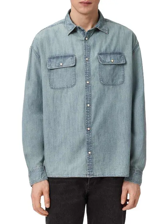 ALLSAINTS Gribbs Cotton Denim Snap-up Shirt - Faded Indigo