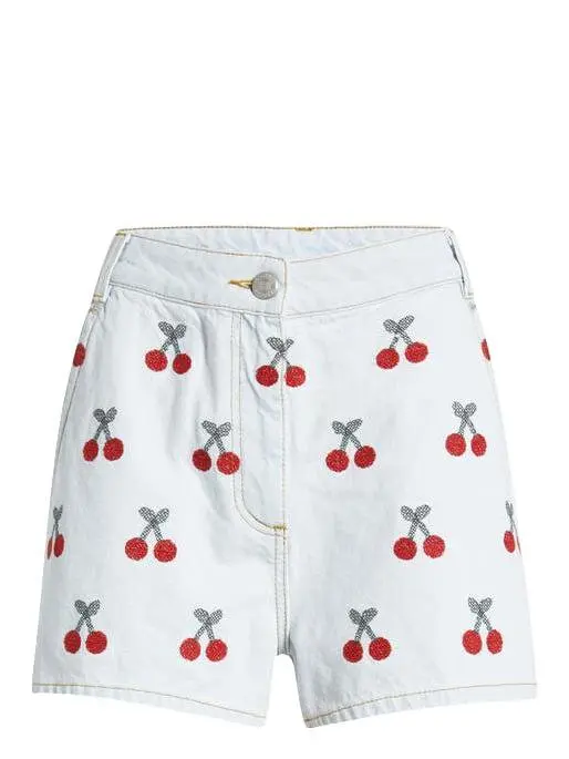 Farm Rio Cherry Embroidered High-waist Shorts - Denim