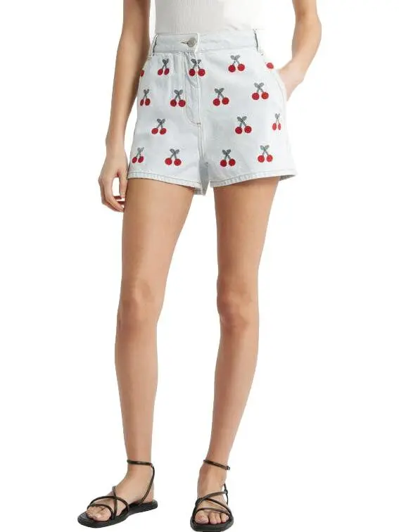 Farm Rio Cherry Embroidered High-waist Shorts - Denim
