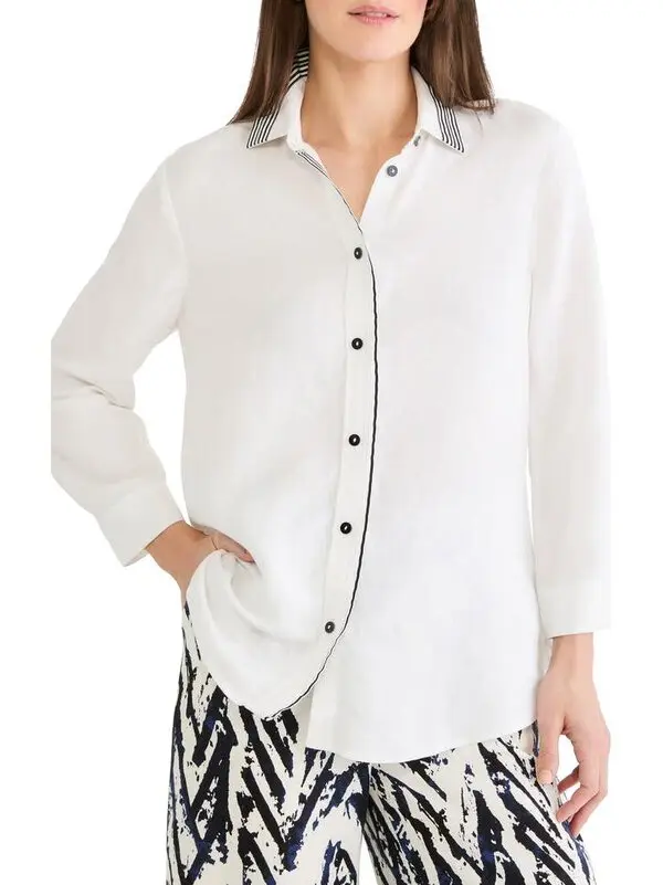 NIC+ZOE Stripe Trim Linen Blend Button-up Shirt - Paper White