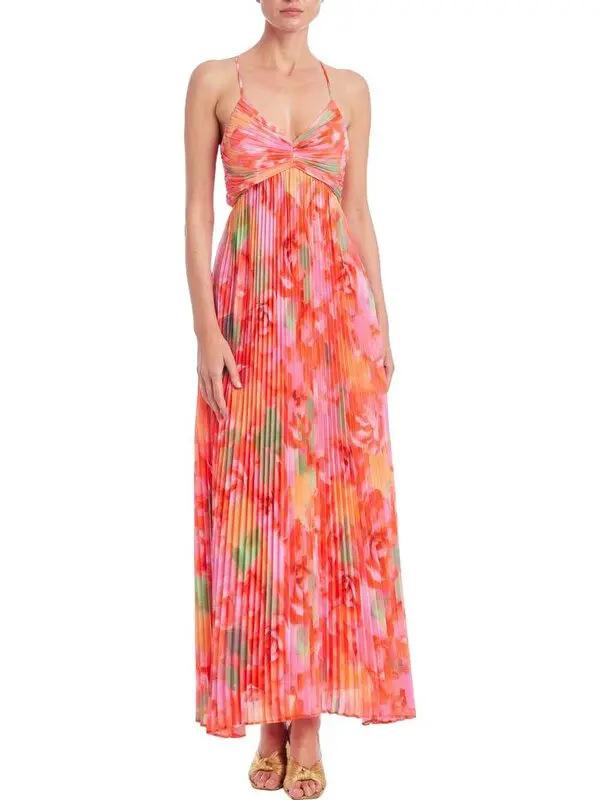 Badgley Mischka Floral Pleated Open Back Gown - Coral Multi