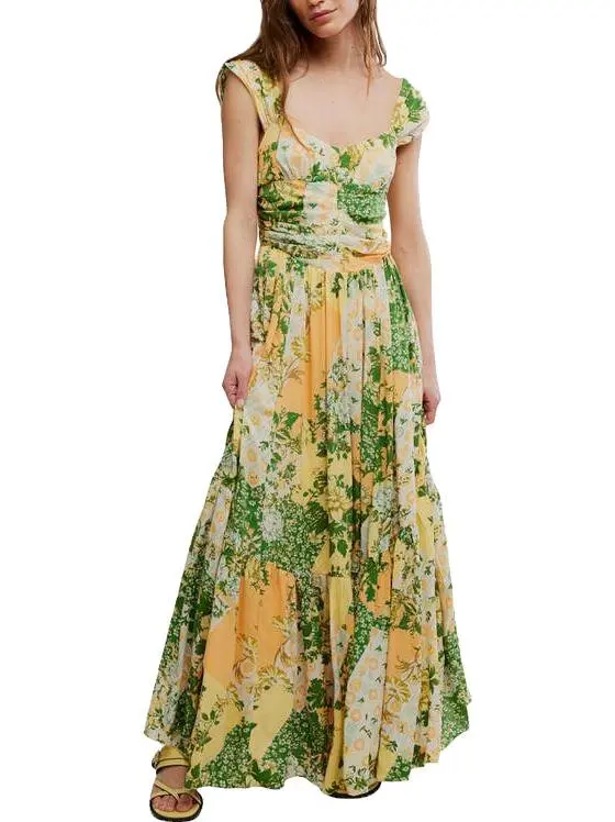 Free People Sasha Floral Mesh Midi Dress - Lemon Combo