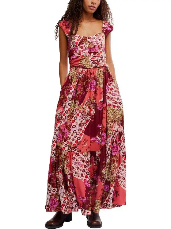 Free People Sasha Floral Mesh Midi Dress - Strawberry Combo