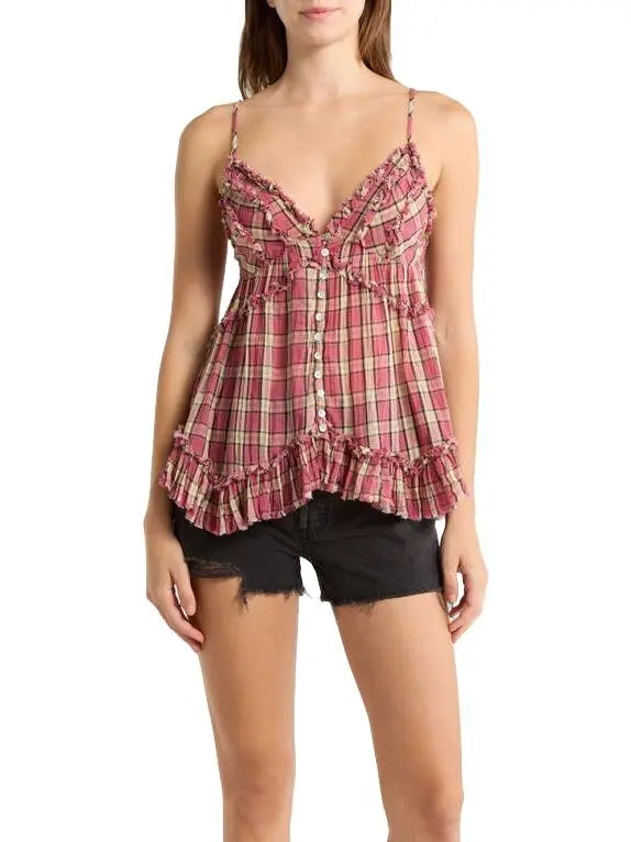 BDG URBAN OUTFITTERS Clara Mix Print Ruffle Trim Top - Red Check