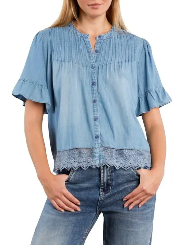 BILLY T Pleat Button-up Top - Pure Denim