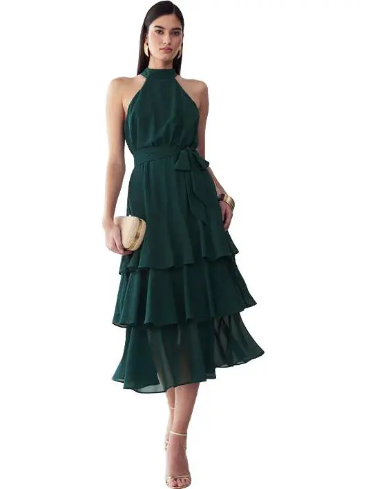 BWLDR Tony Midi Dress With Tiered Skirt And Belt - Emerald