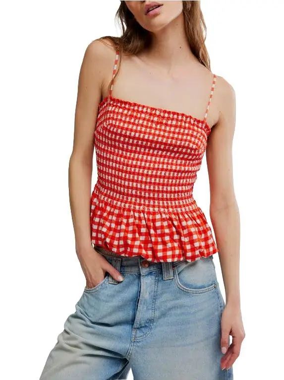 Free People Gingham Peplum Tank - Red Combo