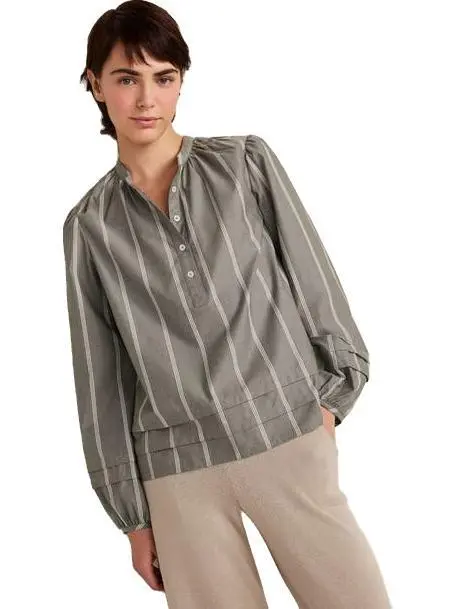 HAVEN WELL WITHIN Organic Cotton Poplin Stripe Long Sleeve Top - Cypress/ivory Stripe