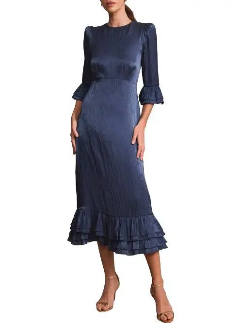 Mint Velvet Metallic Ruffled Midi Dress - Navy