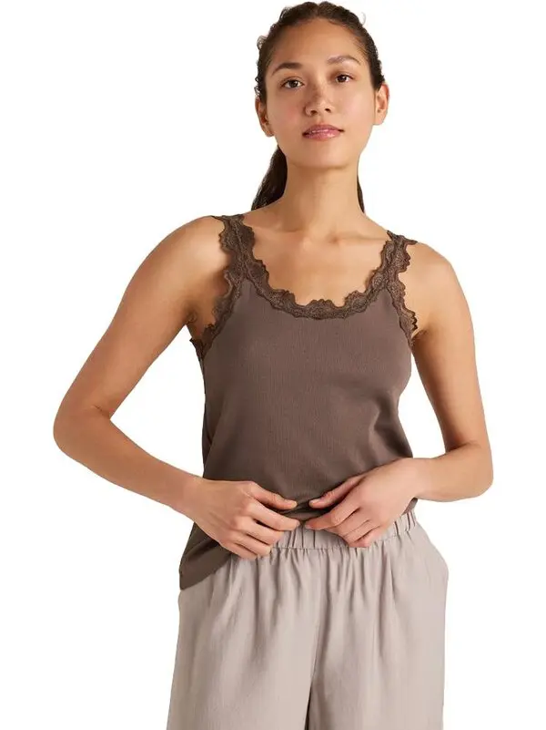 HAVEN WELL WITHIN Organic Cotton Rib Knit Lace Tank - Deep Mocha