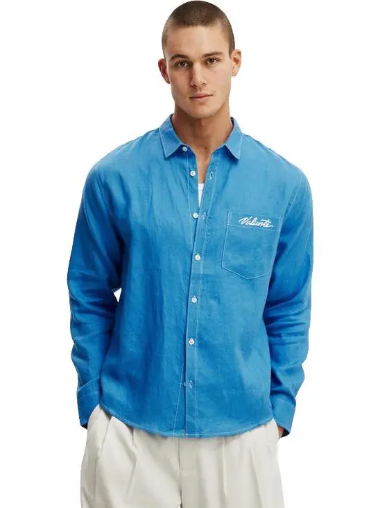 COTTON ON Relaxed Linen Long Sleeve Shirt - Cornflower Blue  Emb