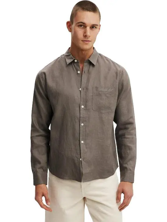 COTTON ON Relaxed Linen Long Sleeve Shirt - Dusty Taupe  Emb