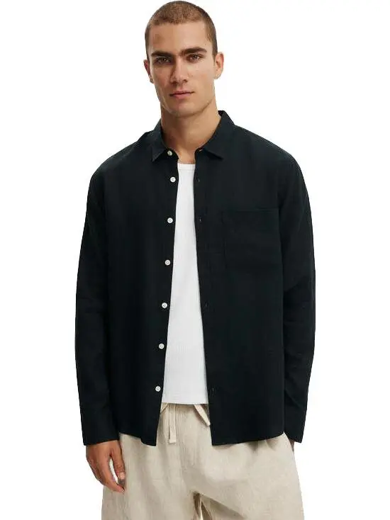 COTTON ON Relaxed Linen Long Sleeve Shirt - Faded Black