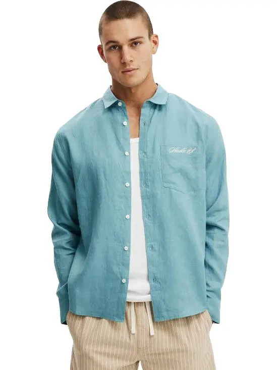 COTTON ON Relaxed Linen Long Sleeve Shirt - Jade  Emb