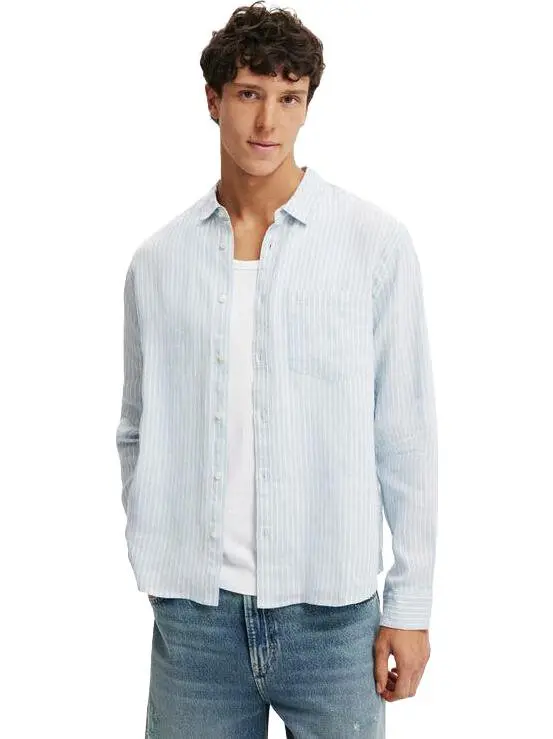 COTTON ON Relaxed Linen Long Sleeve Shirt - Sky Blue Stripe