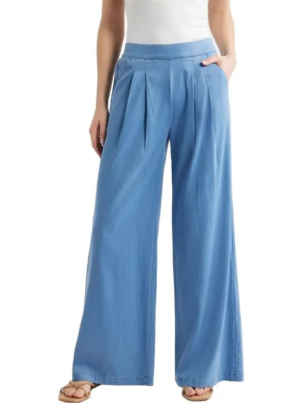 Hue Wide Leg Pull-on Denim Pants - Chambray