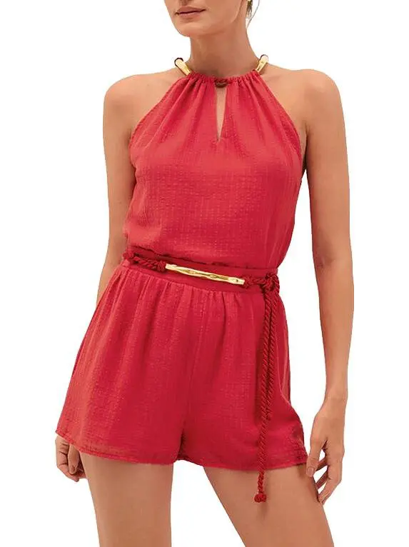 VIX PAULA HERMANNY Halter Neck Cotton Seersucker Top - Red