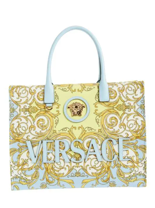 Versace La Medusa Print Canvas Tote - Pastel Blue Gold