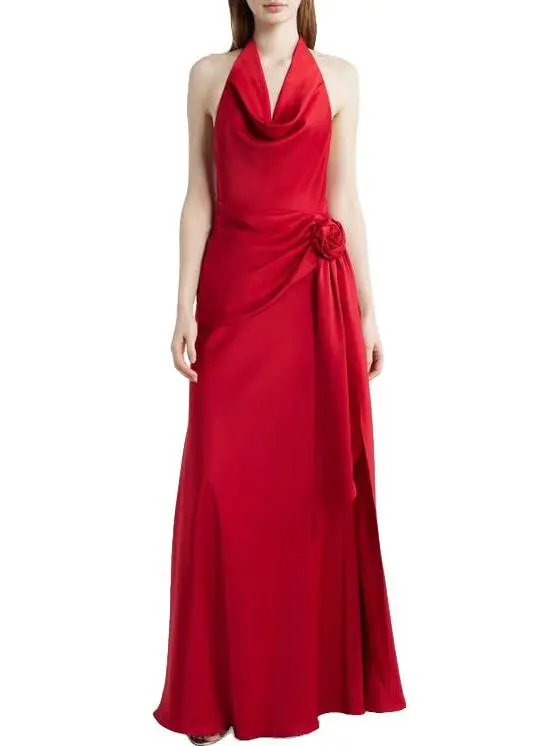 SONYA MODA Rozalia Halter Open Back Satin Gown - Sorrento Red