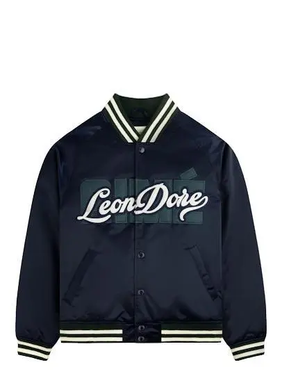 Aimé Leon Dore Overlay Logo Satin Varsity Jacket - Navy Blue Blazer