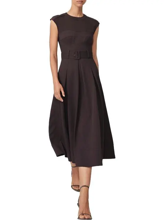 REISS Ava Belted Cap Sleeve Midi Dress - Burgundy