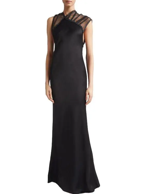 Victoria Beckham Asymmetric Mesh Trim Trumpet Gown - Black