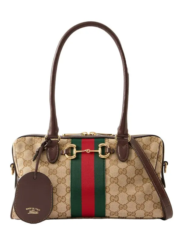 Gucci Leather And Webbing-trimmed Canvas-jacquard Shoulder Bag - Neutrals