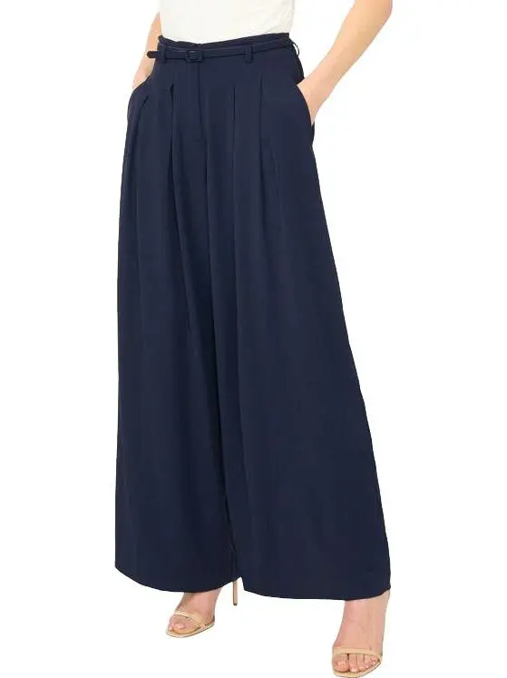 Halogen Belted Pleated High-waist Wide-leg Pants - Baritone Blue