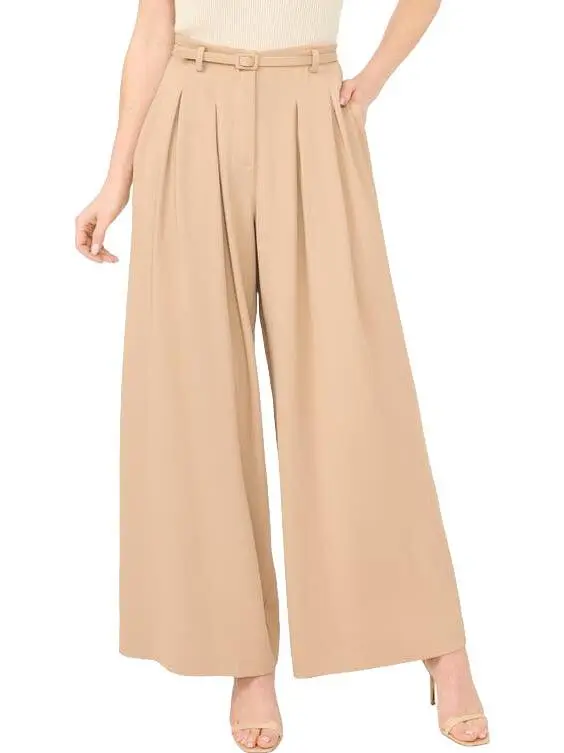 Halogen Belted Pleated High-waist Wide-leg Pants - Nomad Camel