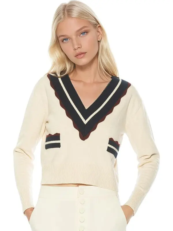 ALEXIA ADMOR Arden Deep V Contrast Trim Cardigan - Ivory