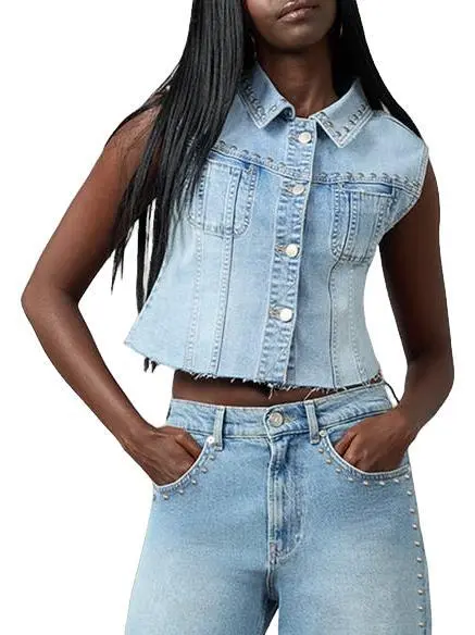LOLA DENIM Gabbie Cropped Denim Vest - Studden Whimsy Blue