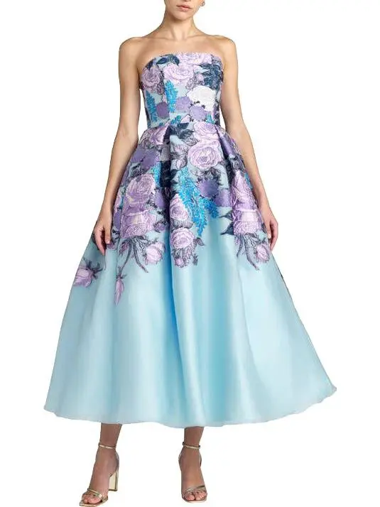 Mac Duggal Organza Strapless Gown With Pockets - Blue Multi