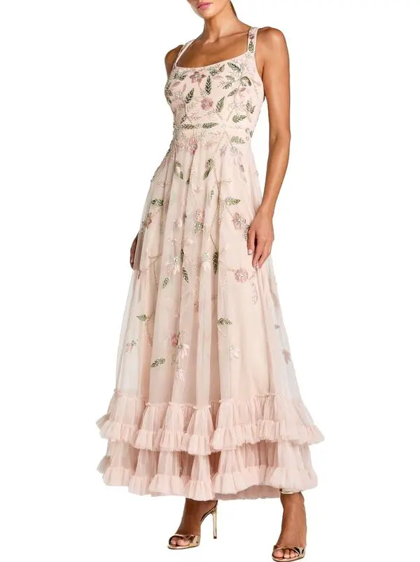 Mac Duggal Floral Embroidered Ruffle Dress - Porcelain