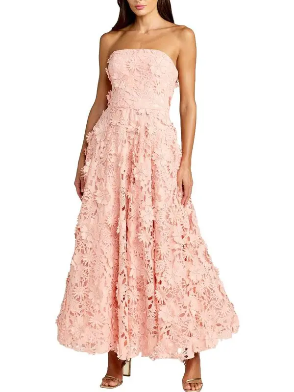 Mac Duggal Floral Lace Strapless A-line Midi Dress - Blush