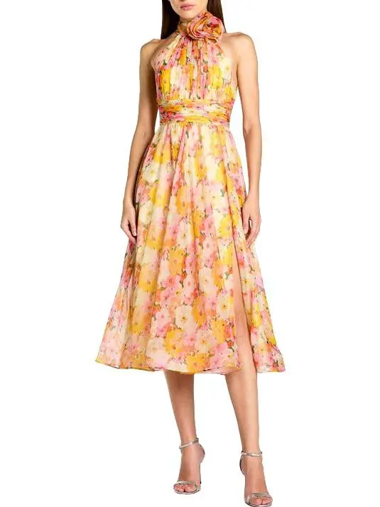 Mac Duggal Printed Chiffon Mock Neck Midi Dress - Yellow Multi