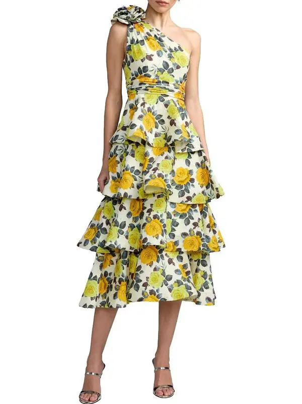 Mac Duggal Floral One-shoulder Charmeuse Midi Dress - Yellow Rose
